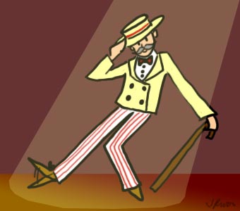 The Song and Dance Man begins to dance. His feet move slowly at first ...