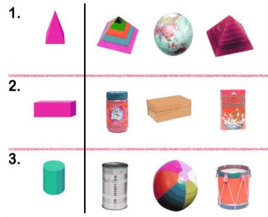 Identify two solid shapes shown in each picture.