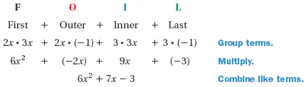 Find the product (2x + 3)(3x − 1) and simplify.