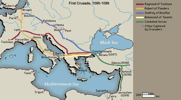 Discuss the map above, showing the land route of the First Crusade.