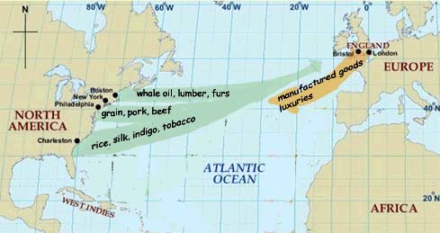 Trace the path of the Southern Colonies' exports to England on the map.