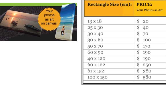 1. What is the price of producing a 40 cm x 120 cm canvas of a photograph?