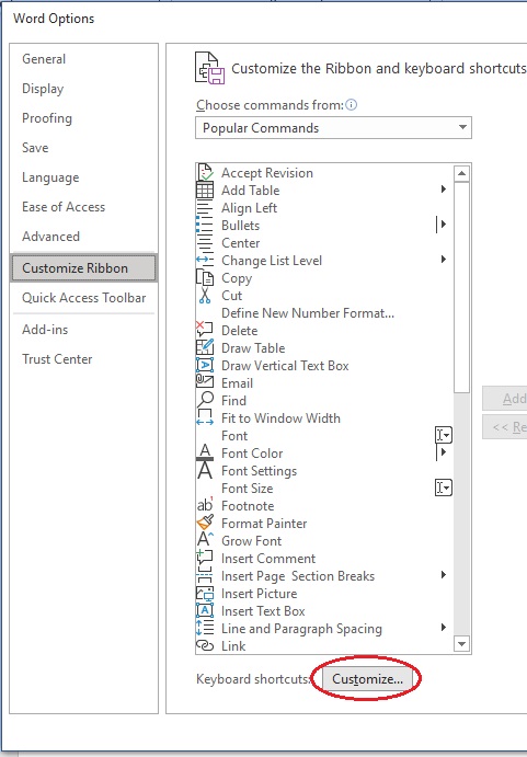 You can also customize keyboard shortcuts. In the Word Options box ...
