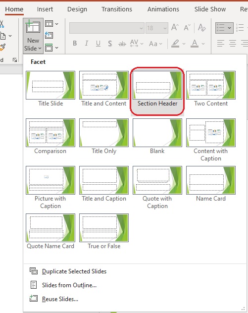 Clicking the down arrow on the bottom half of the New Slide button from ...
